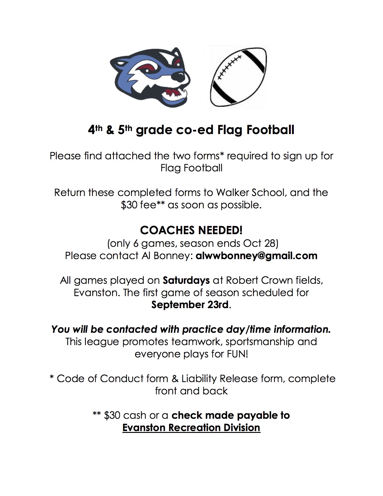 4th & 5th grade co-ed Flag Football – We need players & coaches ...